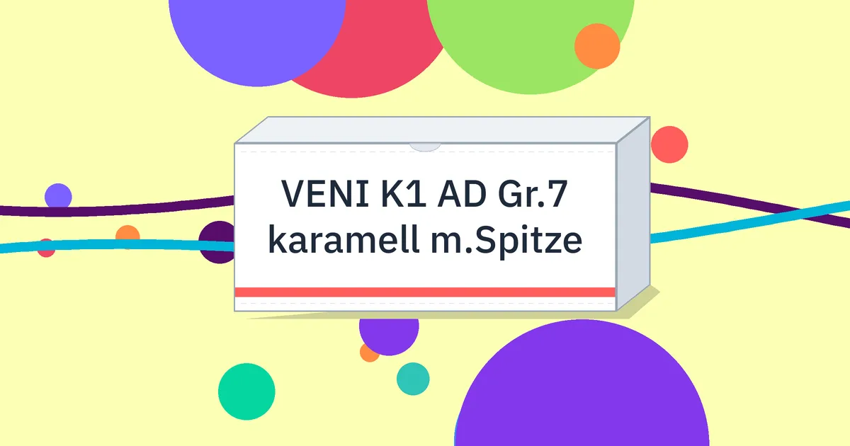 Symbolbild: Packung mit der Aufschrift VENI K1 AD Gr.7 karamell m.Spitze (PZN 13756082) – Verfügbarkeit und Bezug in Apotheken in Frankfurt am Main