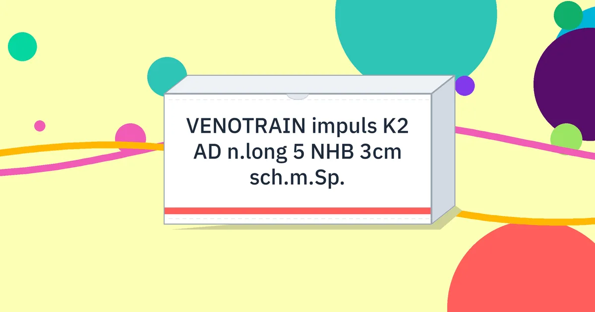 Symbolbild: Packung mit der Aufschrift VENOTRAIN impuls K2 AD n.long 5 NHB 3cm sch.m.Sp. (PZN 00651559) – Verfügbarkeit und Bezug in Apotheken in Frankfurt am Main