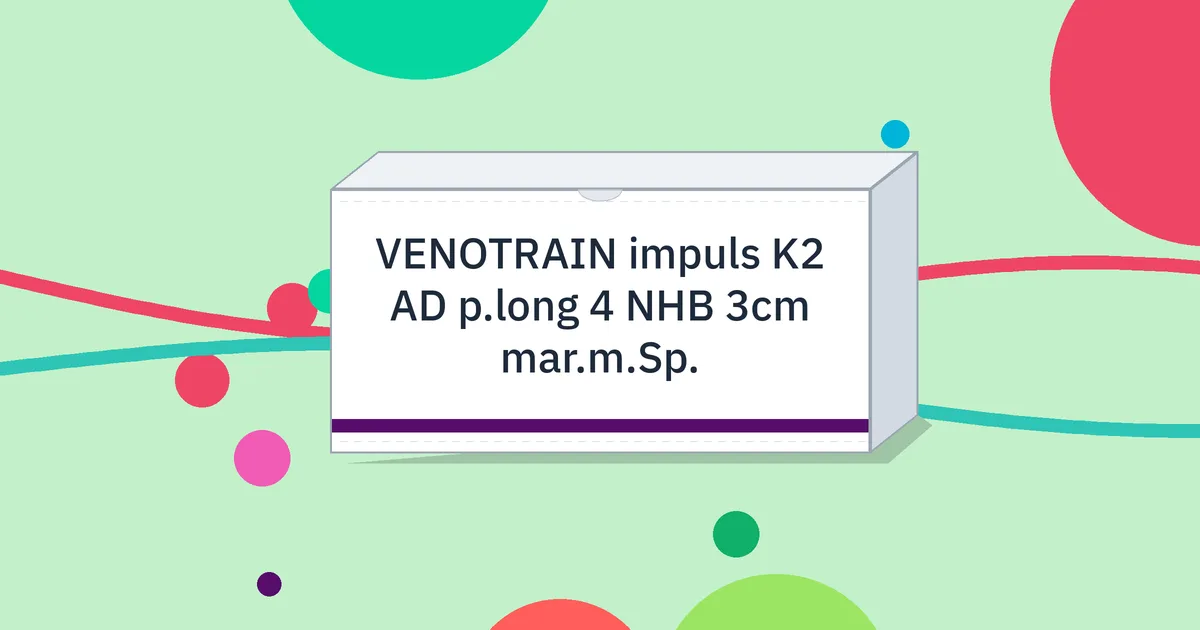 Symbolbild: Packung mit der Aufschrift VENOTRAIN impuls K2 AD p.long 4 NHB 3cm mar.m.Sp. (PZN 15223680) – Verfügbarkeit und Bezug in Apotheken in Frankfurt am Main