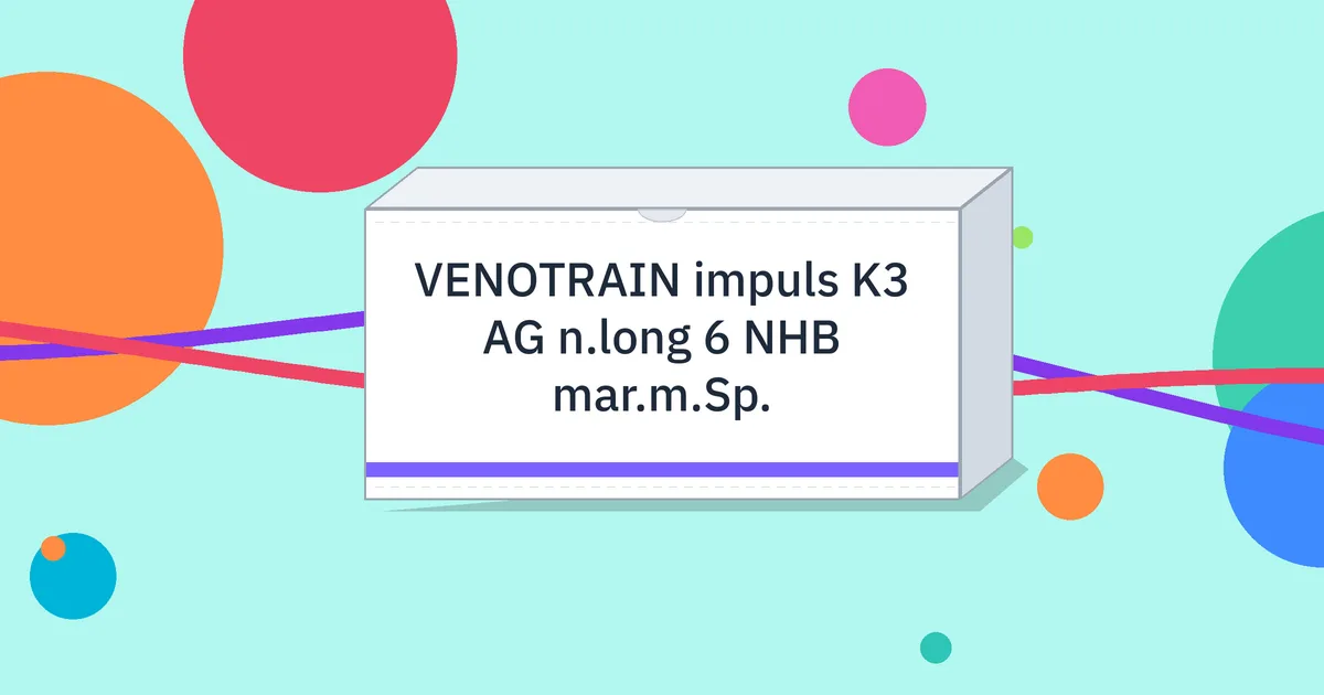 Symbolbild: Packung mit der Aufschrift VENOTRAIN impuls K3 AG n.long 6 NHB mar.m.Sp. (PZN 15215344) – Verfügbarkeit und Bezug in Apotheken in Frankfurt am Main