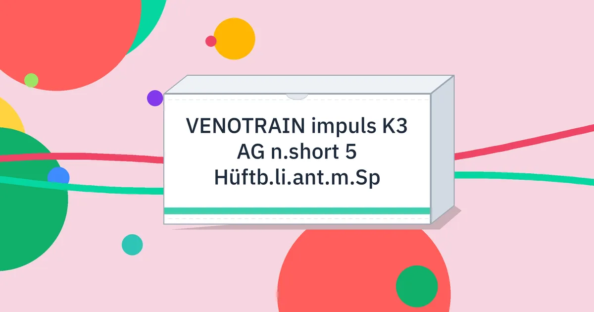 Symbolbild: Packung mit der Aufschrift VENOTRAIN impuls K3 AG n.short 5 Hüftb.li.ant.m.Sp (PZN 15220546) – Verfügbarkeit und Bezug in Apotheken in Frankfurt am Main
