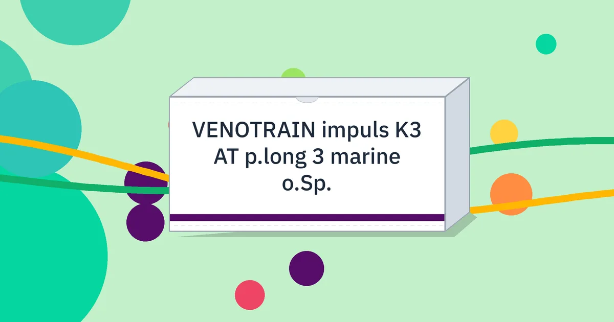 Symbolbild: Packung mit der Aufschrift VENOTRAIN impuls K3 AT p.long 3 marine o.Sp. (PZN 19356024) – Verfügbarkeit und Bezug in Apotheken in Frankfurt am Main
