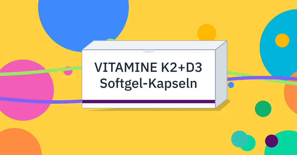 Symbolbild: Packung mit der Aufschrift VITAMINE K2+D3 Softgel-Kapseln (PZN 19296718) – Verfügbarkeit und Bezug in Apotheken in Frankfurt am Main