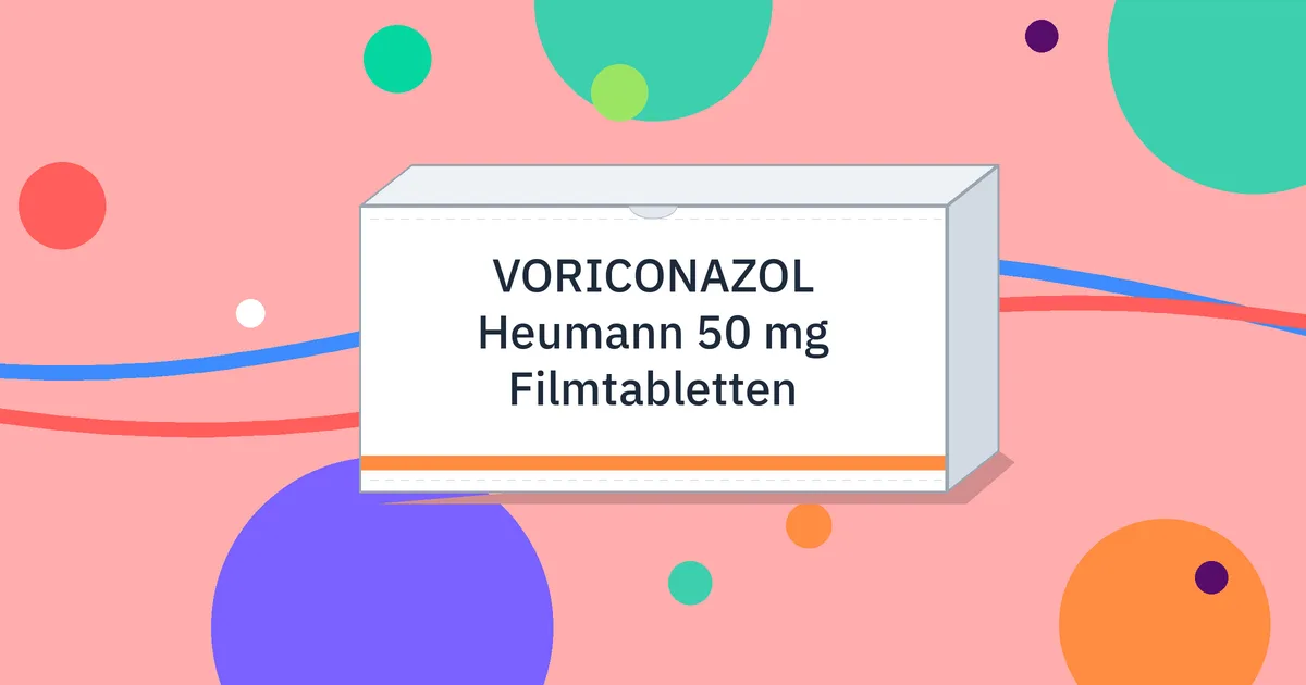 Symbolbild: Packung mit der Aufschrift VORICONAZOL Heumann 50 mg Filmtabletten (PZN 11374672) – Verfügbarkeit und Bezug in Apotheken in Frankfurt am Main