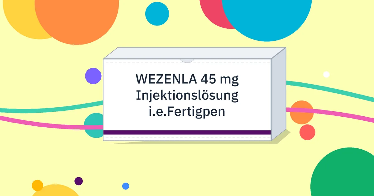 Symbolbild: Packung mit der Aufschrift WEZENLA 45 mg Injektionslösung i.e.Fertigpen (PZN 20124655) – Verfügbarkeit und Bezug in Apotheken in Frankfurt am Main