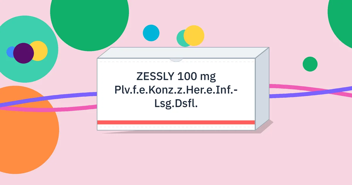 Symbolbild: Packung mit der Aufschrift ZESSLY 100 mg Plv.f.e.Konz.z.Her.e.Inf.-Lsg.Dsfl. (PZN 15395553) – Verfügbarkeit und Bezug in Apotheken in Frankfurt am Main