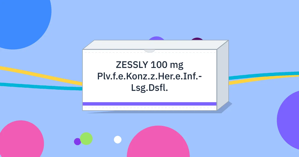 Symbolbild: Packung mit der Aufschrift ZESSLY 100 mg Plv.f.e.Konz.z.Her.e.Inf.-Lsg.Dsfl. (PZN 15889663) – Verfügbarkeit und Bezug in Apotheken in Frankfurt am Main