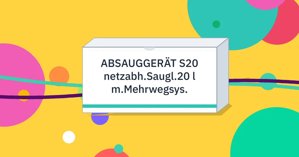 Symbolbild: Packung mit der Aufschrift ABSAUGGERÄT S20 netzabh.Saugl.20 l m.Mehrwegsys. (PZN 05134478) – Verfügbarkeit und Bezug in Apotheken in Frankfurt am Main