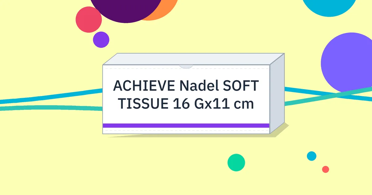 Symbolbild: Packung mit der Aufschrift ACHIEVE Nadel SOFT TISSUE 16 Gx11 cm (PZN 18763419) – Verfügbarkeit und Bezug in Apotheken in Frankfurt am Main