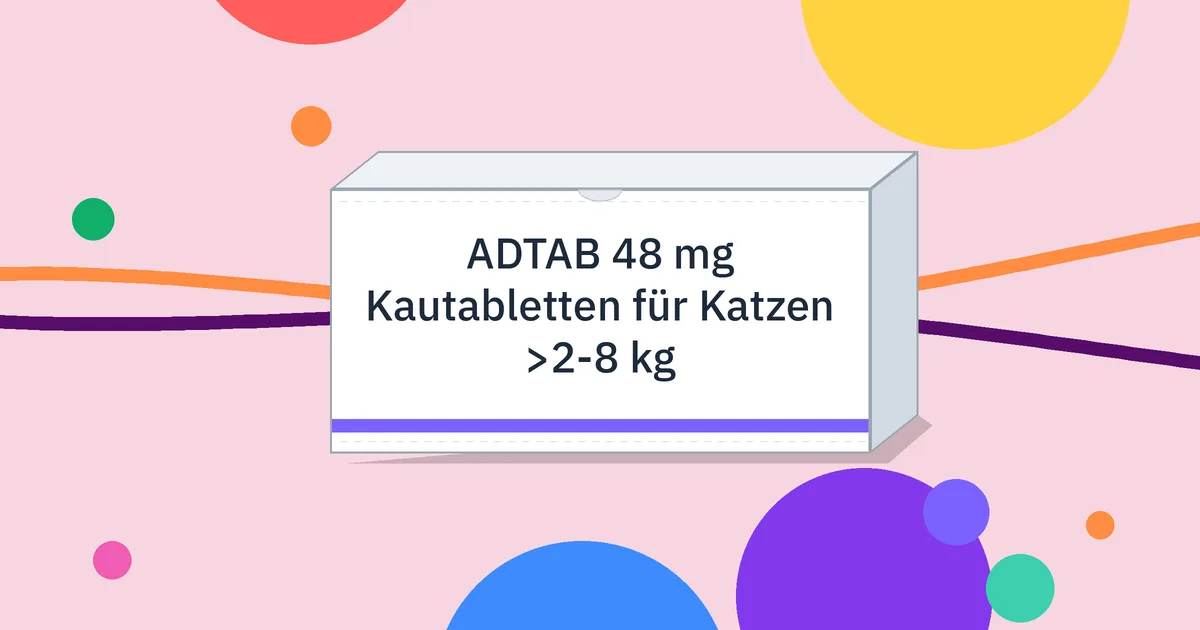 Symbolbild: Packung mit der Aufschrift ADTAB 48 mg Kautabletten für Katzen >2-8 kg (PZN 18752723) – Verfügbarkeit und Bezug in Apotheken in Frankfurt am Main