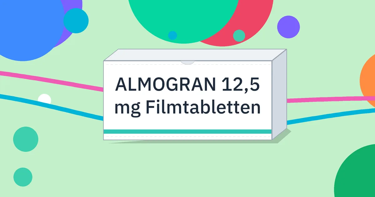 Symbolbild: Packung mit der Aufschrift ALMOGRAN 12,5 mg Filmtabletten (PZN 00762106) – Verfügbarkeit und Bezug in Apotheken in Frankfurt am Main