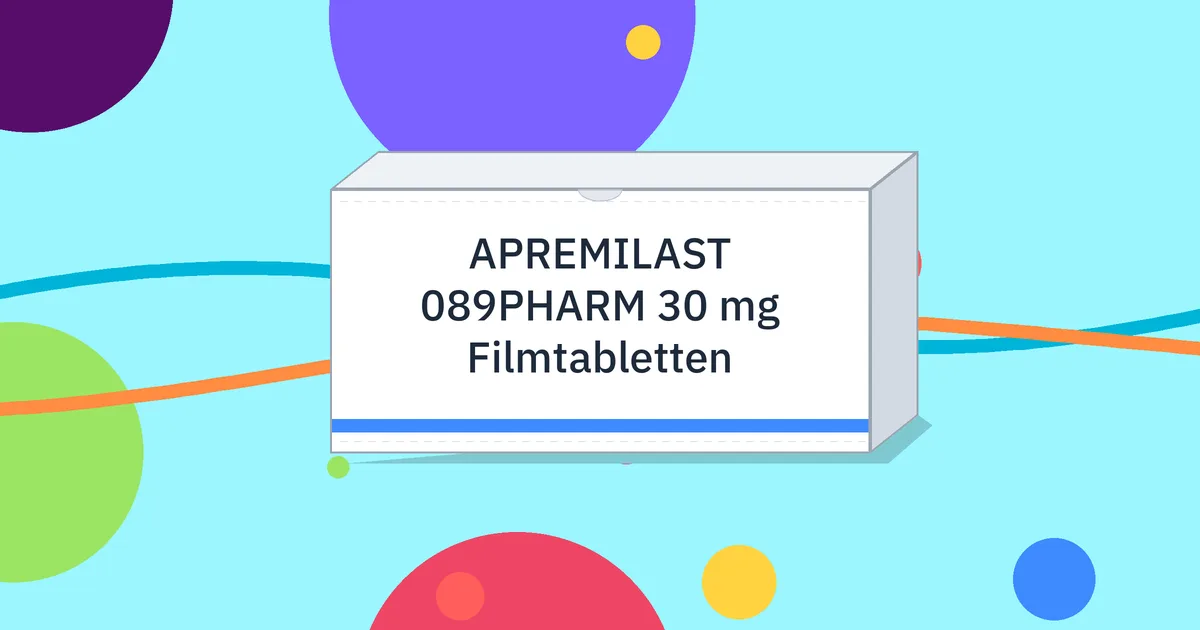 Symbolbild: Packung mit der Aufschrift APREMILAST 089PHARM 30 mg Filmtabletten (PZN 20223535) – Verfügbarkeit und Bezug in Apotheken in Frankfurt am Main