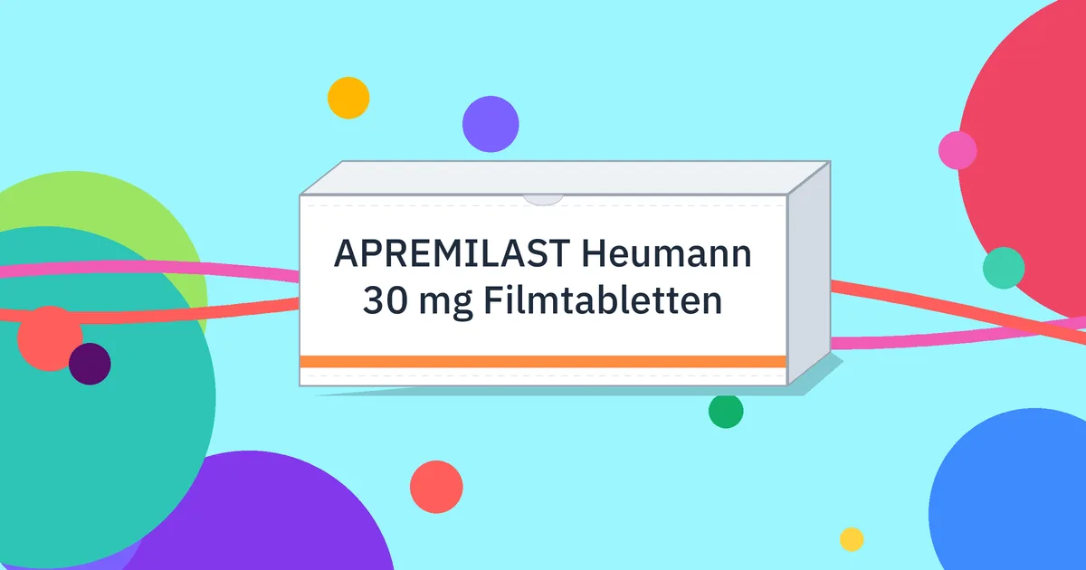 Symbolbild: Packung mit der Aufschrift APREMILAST Heumann 30 mg Filmtabletten (PZN 19693738) – Verfügbarkeit und Bezug in Apotheken in Frankfurt am Main