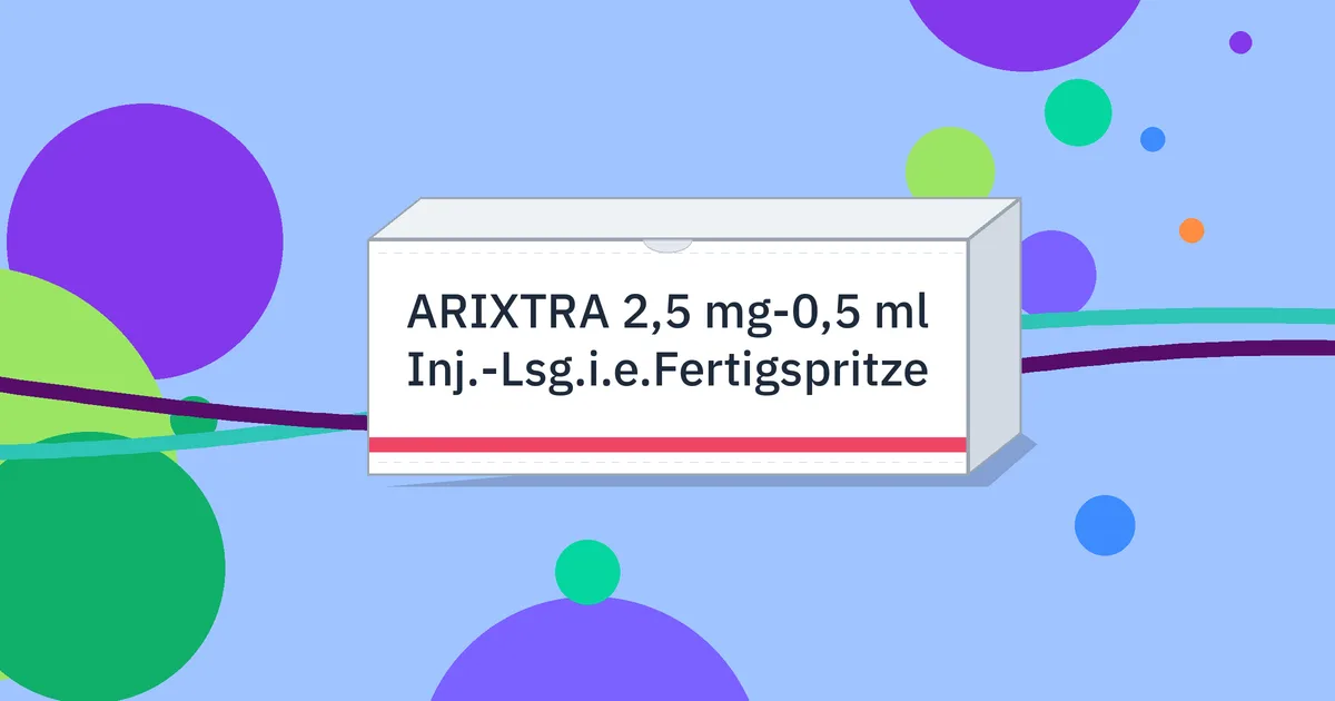 Symbolbild: Packung mit der Aufschrift ARIXTRA 2,5 mg-0,5 ml Inj.-Lsg.i.e.Fertigspritze (PZN 16774850) – Verfügbarkeit und Bezug in Apotheken in Frankfurt am Main