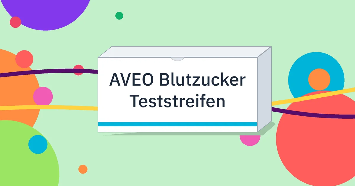Symbolbild: Packung mit der Aufschrift AVEO Blutzucker Teststreifen (PZN 17902379) – Verfügbarkeit und Bezug in Apotheken in Frankfurt am Main