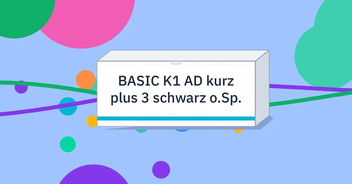 Symbolbild: Packung mit der Aufschrift BASIC K1 AD kurz plus 3 schwarz o.Sp. (PZN 20257824) – Verfügbarkeit und Bezug in Apotheken in Frankfurt am Main
