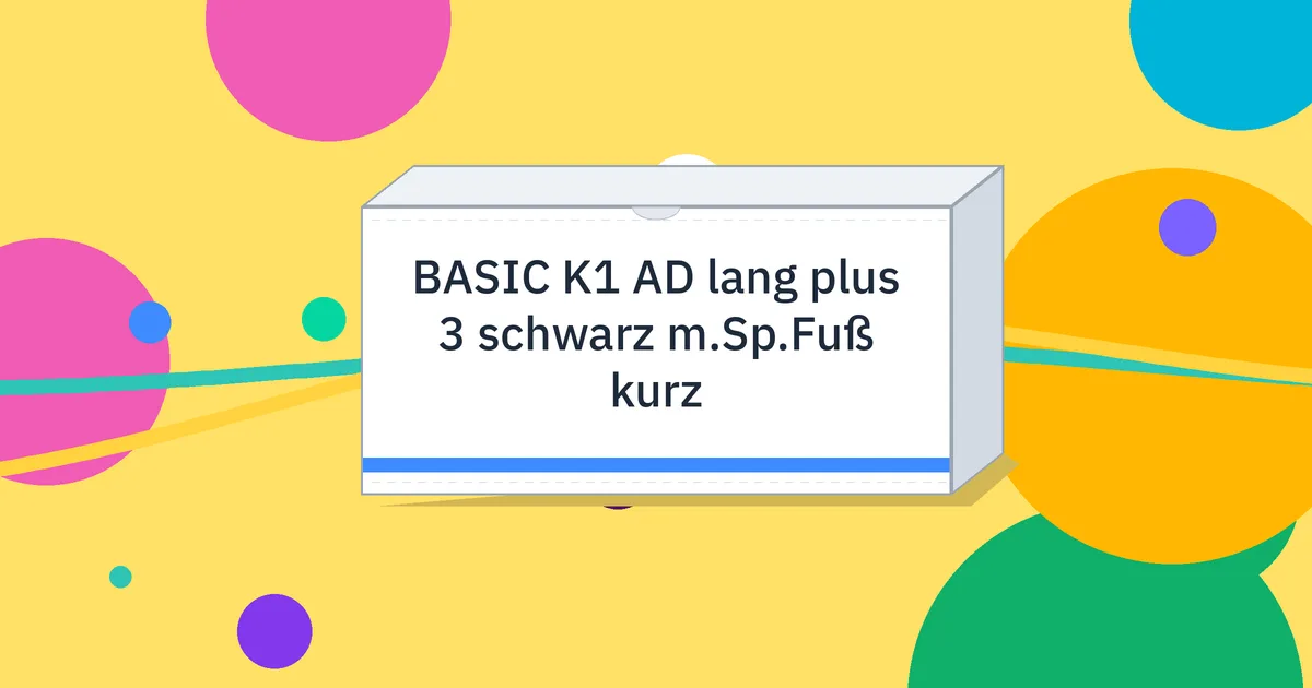 Symbolbild: Packung mit der Aufschrift BASIC K1 AD lang plus 3 schwarz m.Sp.Fuß kurz (PZN 20257801) – Verfügbarkeit und Bezug in Apotheken in Frankfurt am Main