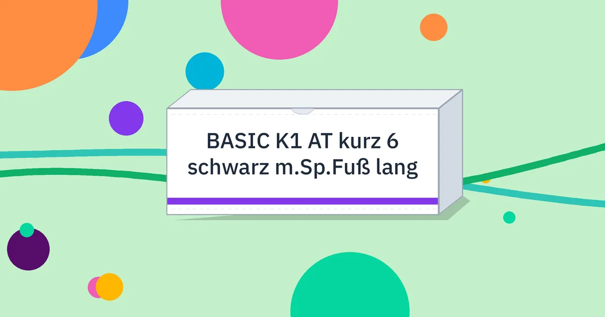 Symbolbild: Packung mit der Aufschrift BASIC K1 AT kurz 6 schwarz m.Sp.Fuß lang (PZN 20263227) – Verfügbarkeit und Bezug in Apotheken in Frankfurt am Main