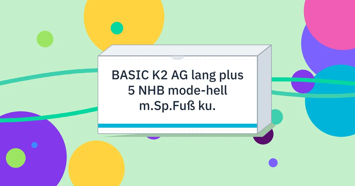 Symbolbild: Packung mit der Aufschrift BASIC K2 AG lang plus 5 NHB mode-hell m.Sp.Fuß ku. (PZN 20268035) – Verfügbarkeit und Bezug in Apotheken in Frankfurt am Main