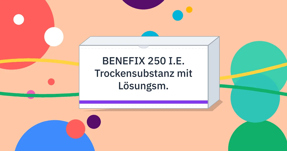 Symbolbild: Packung mit der Aufschrift BENEFIX 250 I.E. Trockensubstanz mit Lösungsm. (PZN 00059950) – Verfügbarkeit und Bezug in Apotheken in Frankfurt am Main