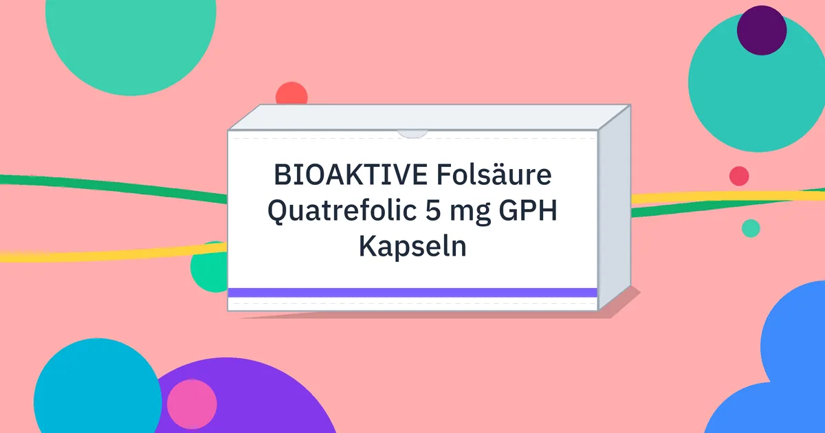 Symbolbild: Packung mit der Aufschrift BIOAKTIVE Folsäure Quatrefolic 5 mg GPH Kapseln (PZN 18310592) – Verfügbarkeit und Bezug in Apotheken in Frankfurt am Main