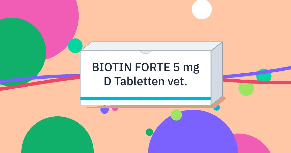 Symbolbild: Packung mit der Aufschrift BIOTIN FORTE 5 mg D Tabletten vet. (PZN 02380395) – Verfügbarkeit und Bezug in Apotheken in Frankfurt am Main