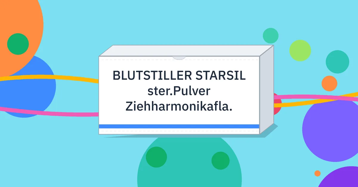 Symbolbild: Packung mit der Aufschrift BLUTSTILLER STARSIL ster.Pulver Ziehharmonikafla. (PZN 16017787) – Verfügbarkeit und Bezug in Apotheken in Frankfurt am Main