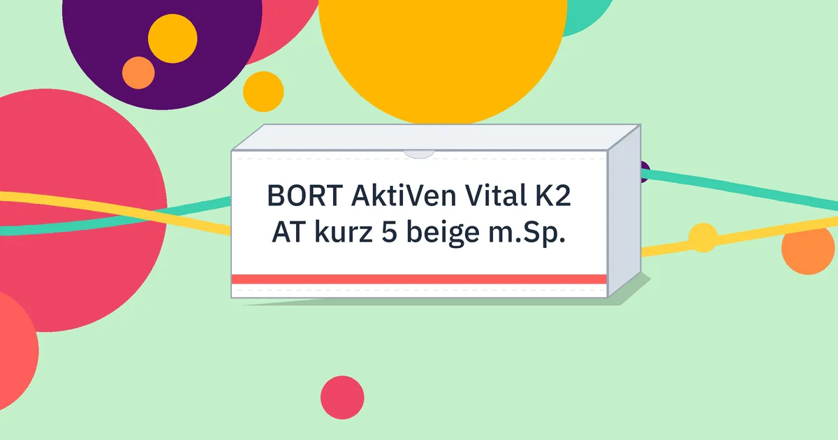 Symbolbild: Packung mit der Aufschrift BORT AktiVen Vital K2 AT kurz 5 beige m.Sp. (PZN 13739244) – Verfügbarkeit und Bezug in Apotheken in Frankfurt am Main