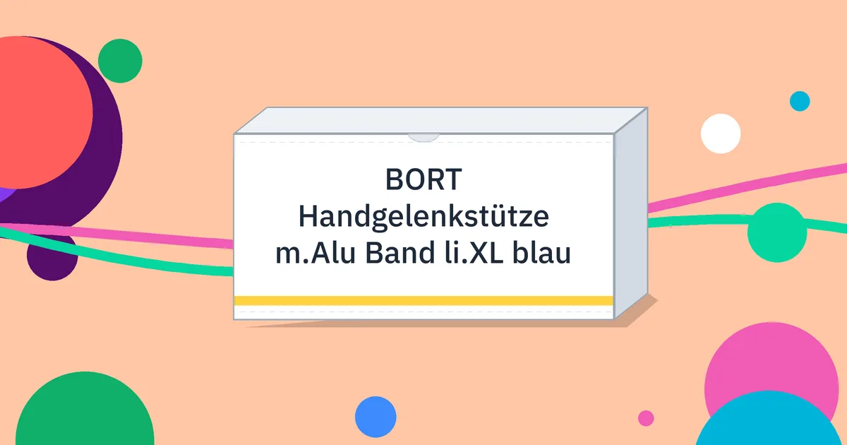 Symbolbild: Packung mit der Aufschrift BORT Handgelenkstütze m.Alu Band li.XL blau (PZN 04125402) – Verfügbarkeit und Bezug in Apotheken in Frankfurt am Main