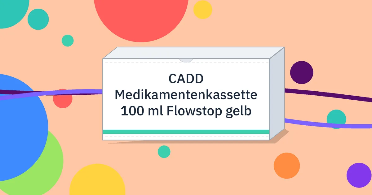 Symbolbild: Packung mit der Aufschrift CADD Medikamentenkassette 100 ml Flowstop gelb (PZN 11241876) – Verfügbarkeit und Bezug in Apotheken in Frankfurt am Main