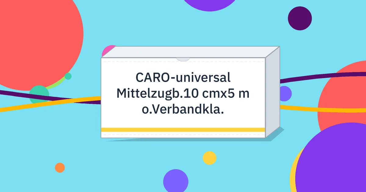Symbolbild: Packung mit der Aufschrift CARO-universal Mittelzugb.10 cmx5 m o.Verbandkla. (PZN 11670821) – Verfügbarkeit und Bezug in Apotheken in Frankfurt am Main