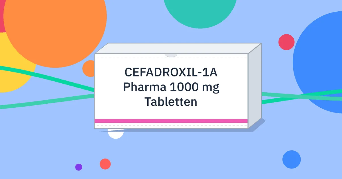 Symbolbild: Packung mit der Aufschrift CEFADROXIL-1A Pharma 1000 mg Tabletten (PZN 06092641) – Verfügbarkeit und Bezug in Apotheken in Frankfurt am Main