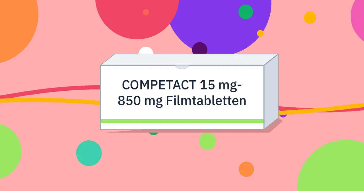 Symbolbild: Packung mit der Aufschrift COMPETACT 15 mg-850 mg Filmtabletten (PZN 10708289) – Verfügbarkeit und Bezug in Apotheken in Frankfurt am Main