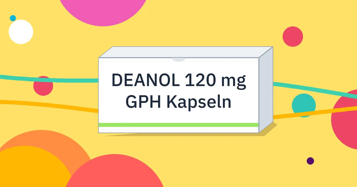 Symbolbild: Packung mit der Aufschrift DEANOL 120 mg GPH Kapseln (PZN 10977397) – Verfügbarkeit und Bezug in Apotheken in Frankfurt am Main