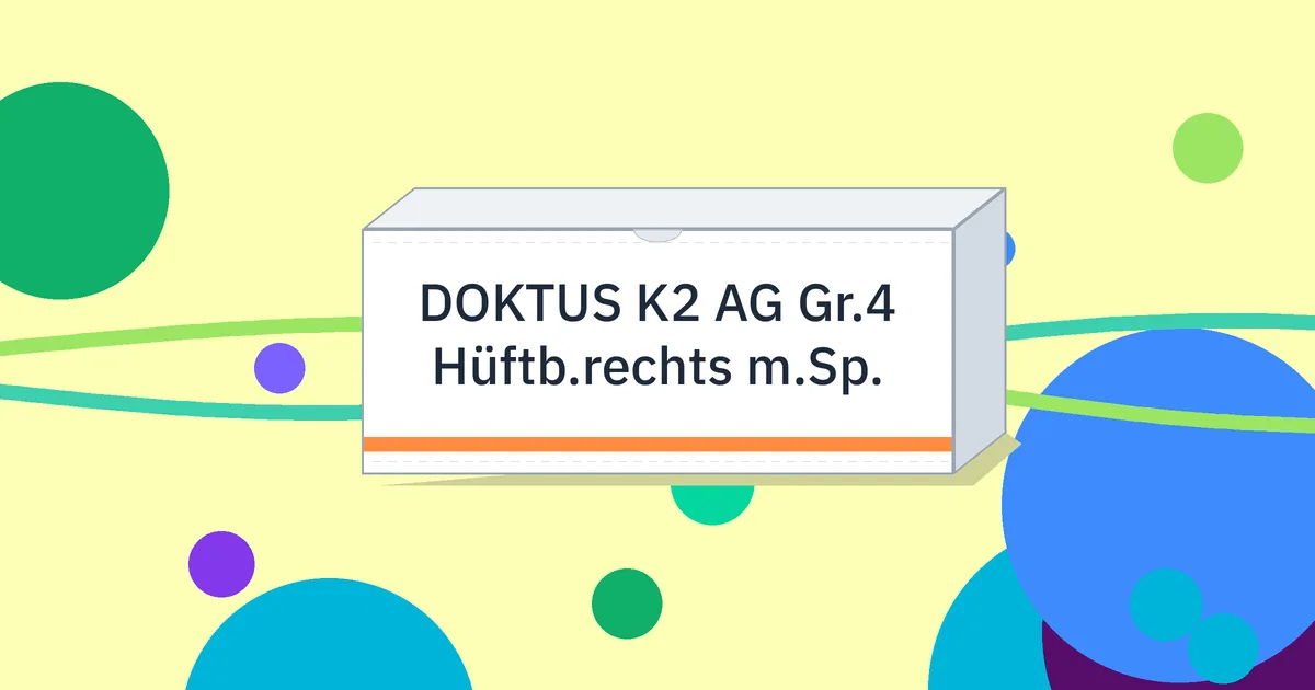 Symbolbild: Packung mit der Aufschrift DOKTUS K2 AG Gr.4 Hüftb.rechts m.Sp. (PZN 03310793) – Verfügbarkeit und Bezug in Apotheken in Frankfurt am Main
