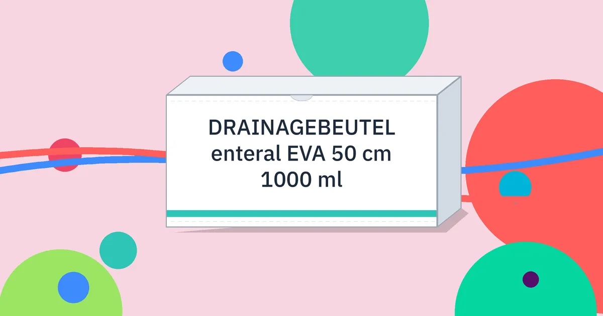 Symbolbild: Packung mit der Aufschrift DRAINAGEBEUTEL enteral EVA 50 cm 1000 ml (PZN 19996628) – Verfügbarkeit und Bezug in Apotheken in Frankfurt am Main