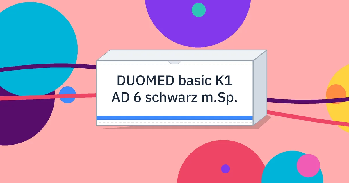 Symbolbild: Packung mit der Aufschrift DUOMED basic K1 AD 6 schwarz m.Sp. (PZN 20903477) – Verfügbarkeit und Bezug in Apotheken in Frankfurt am Main