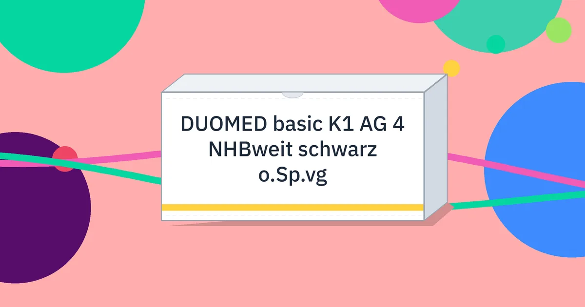 Symbolbild: Packung mit der Aufschrift DUOMED basic K1 AG 4 NHBweit schwarz o.Sp.vg (PZN 20905772) – Verfügbarkeit und Bezug in Apotheken in Frankfurt am Main