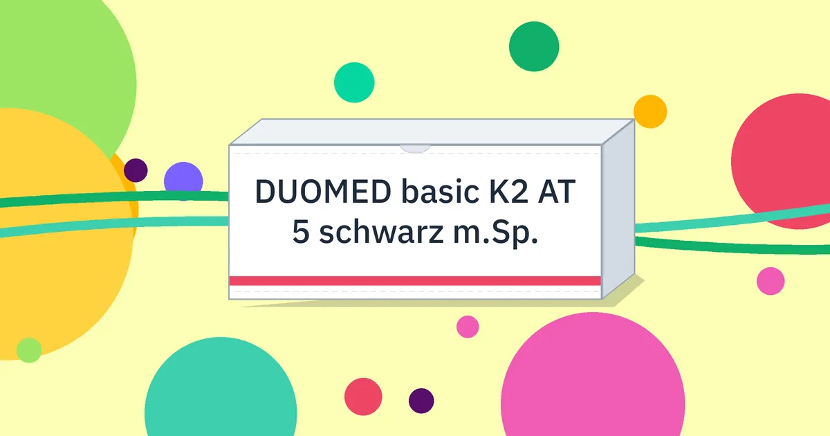 Symbolbild: Packung mit der Aufschrift DUOMED basic K2 AT 5 schwarz m.Sp. (PZN 20906211) – Verfügbarkeit und Bezug in Apotheken in Frankfurt am Main