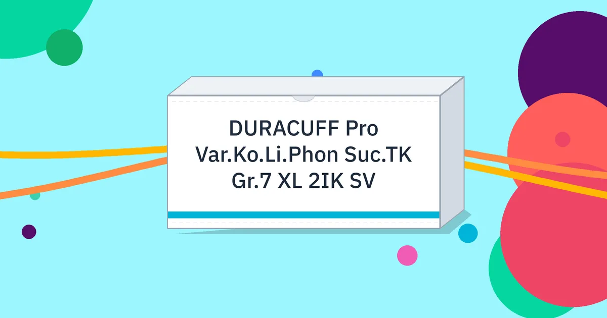 Symbolbild: Packung mit der Aufschrift DURACUFF Pro Var.Ko.Li.Phon Suc.TK Gr.7 XL 2IK SV (PZN 19246034) – Verfügbarkeit und Bezug in Apotheken in Frankfurt am Main