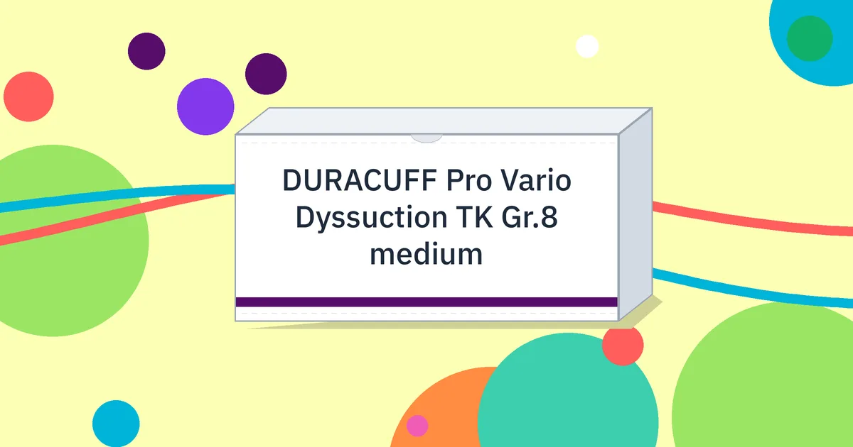 Symbolbild: Packung mit der Aufschrift DURACUFF Pro Vario Dyssuction TK Gr.8 medium (PZN 20088190) – Verfügbarkeit und Bezug in Apotheken in Frankfurt am Main
