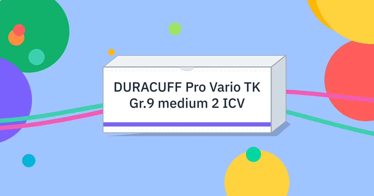 Symbolbild: Packung mit der Aufschrift DURACUFF Pro Vario TK Gr.9 medium 2 ICV (PZN 19245046) – Verfügbarkeit und Bezug in Apotheken in Frankfurt am Main