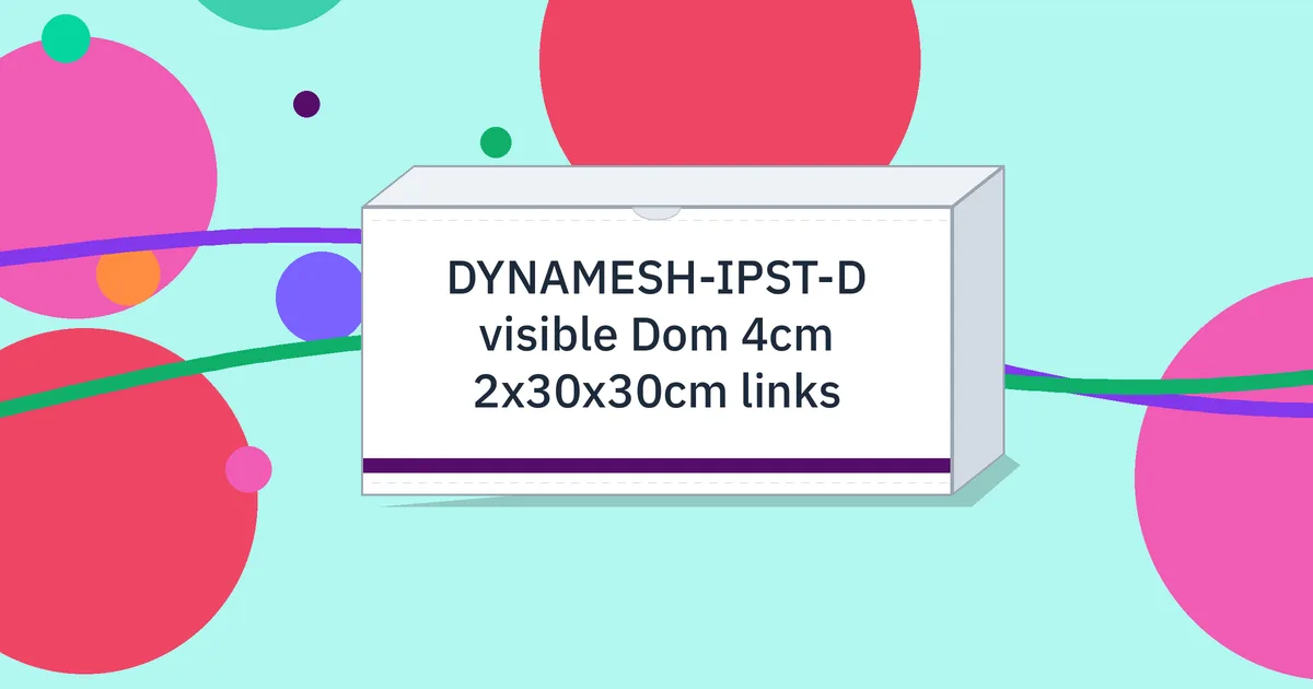 Symbolbild: Packung mit der Aufschrift DYNAMESH-IPST-D visible Dom 4cm 2x30x30cm links (PZN 19389354) – Verfügbarkeit und Bezug in Apotheken in Frankfurt am Main