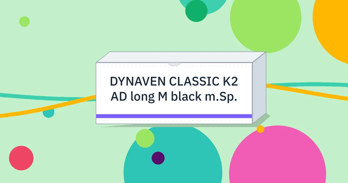 Symbolbild: Packung mit der Aufschrift DYNAVEN CLASSIC K2 AD long M black m.Sp. (PZN 18417663) – Verfügbarkeit und Bezug in Apotheken in Frankfurt am Main