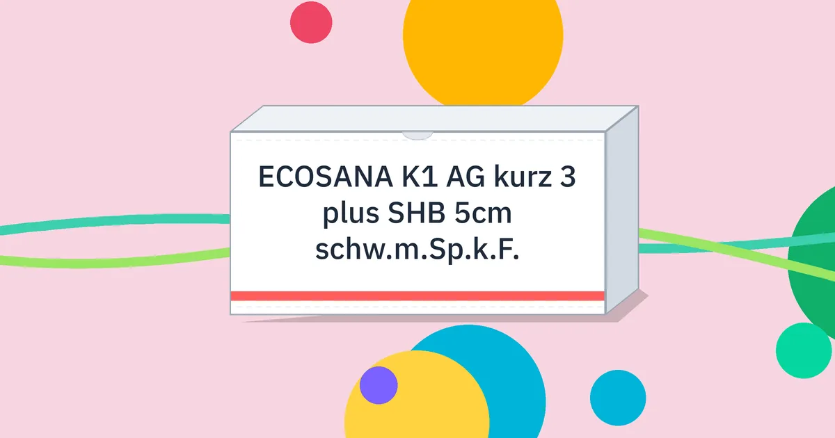 Symbolbild: Packung mit der Aufschrift ECOSANA K1 AG kurz 3 plus SHB 5cm schw.m.Sp.k.F. (PZN 04727377) – Verfügbarkeit und Bezug in Apotheken in Frankfurt am Main