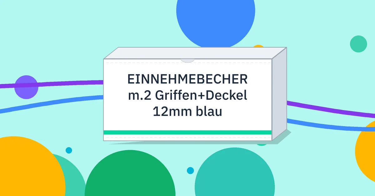 Symbolbild: Packung mit der Aufschrift EINNEHMEBECHER m.2 Griffen+Deckel 12mm blau (PZN 01349851) – Verfügbarkeit und Bezug in Apotheken in Frankfurt am Main