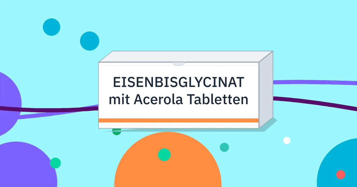 Symbolbild: Packung mit der Aufschrift EISENBISGLYCINAT mit Acerola Tabletten (PZN 18299258) – Verfügbarkeit und Bezug in Apotheken in Frankfurt am Main