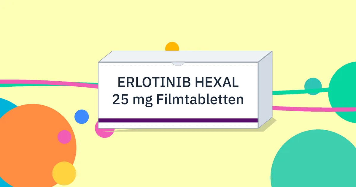 Symbolbild: Packung mit der Aufschrift ERLOTINIB HEXAL 25 mg Filmtabletten (PZN 16121266) – Verfügbarkeit und Bezug in Apotheken in Frankfurt am Main