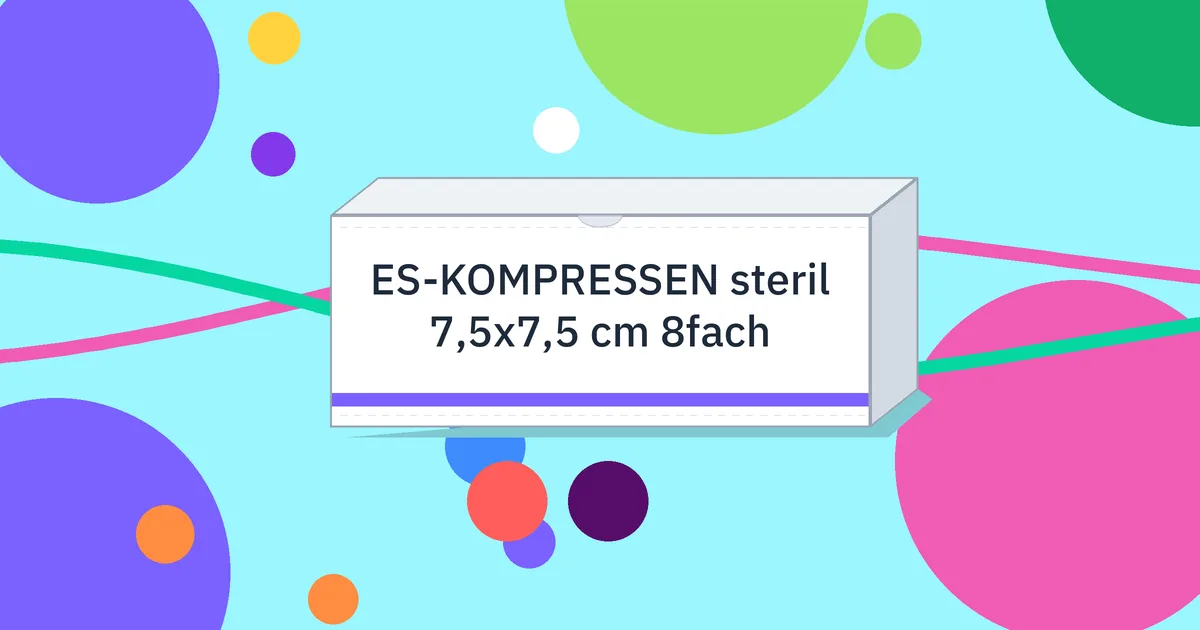 Symbolbild: Packung mit der Aufschrift ES-KOMPRESSEN steril 7,5x7,5 cm 8fach (PZN 18376823) – Verfügbarkeit und Bezug in Apotheken in Frankfurt am Main
