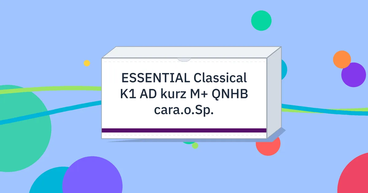 Symbolbild: Packung mit der Aufschrift ESSENTIAL Classical K1 AD kurz M+ QNHB cara.o.Sp. (PZN 18866303) – Verfügbarkeit und Bezug in Apotheken in Frankfurt am Main